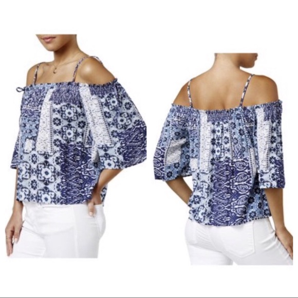 BCX | Tops | Bcx Blue White Cold Shoulder Off Shoulder Top Size Small ...